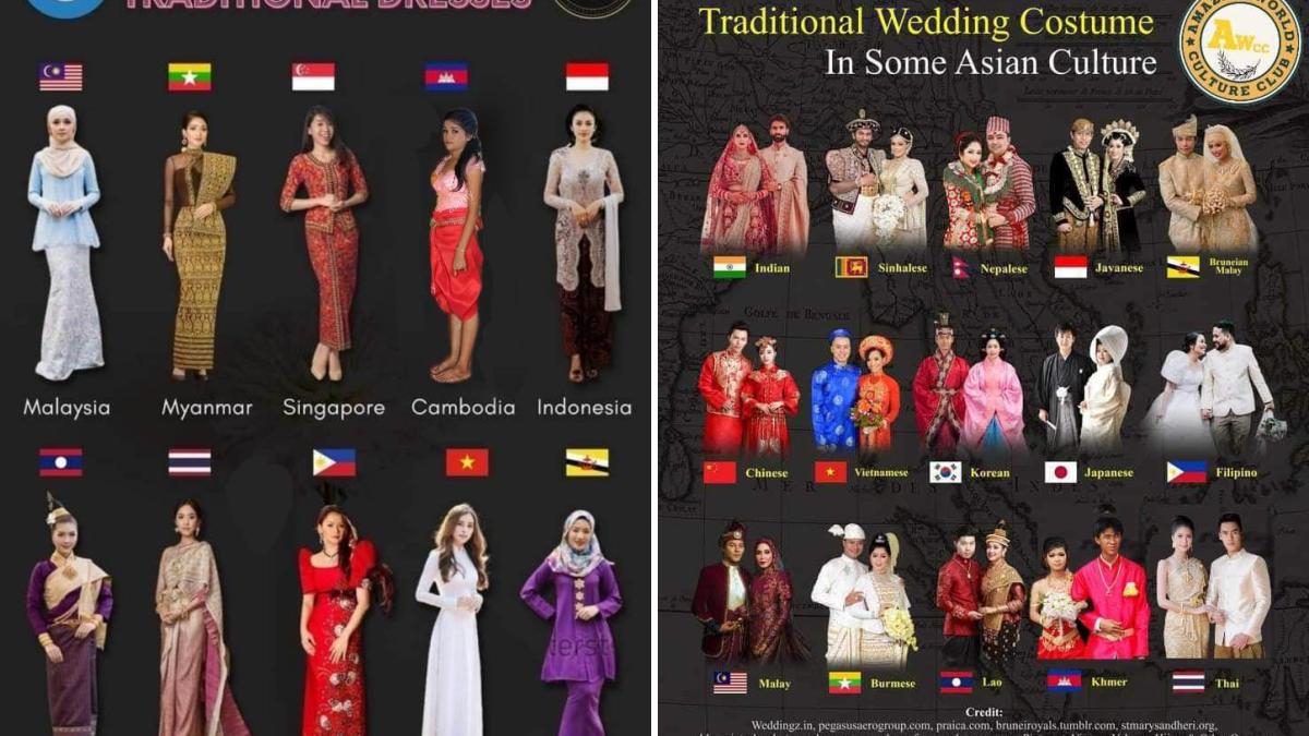 ASEAN national costume. ASEAN wedding dress. Asian traditional clothing