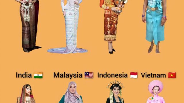 ASEAN national costume. Traditional ASEAN clothing. ASEAN wedding dress